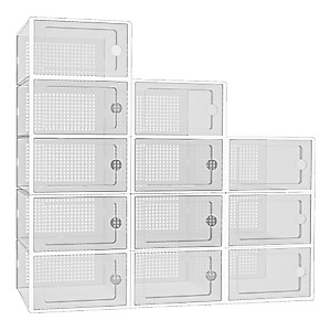 Hourleey 12 Pack Large Shoe Organizer Storage Box, Clear Plastic Stackable Shoe Organizer Containers for Closet, Space Saving Foldable Shoe Rack Sneaker Containers Holders with Lids