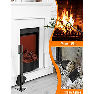 VODA Fireplace Tools Set, 4 Pcs 22.8 Inch Fireplace Tools Black Cast Iron Small Outdoor/Indoor Fireplace Accessories with Poker, Shovel, Broom, Fireplace Tool Stand