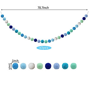 3 Pieces Ball Garland Blue Pom Pom Garland Handmade 6.5 Feet Long 30 Balls Ball Garlands for Party Home Decoration