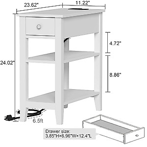 ChooChoo Narrow End Table with Charging Station, Side Table Living Room with USB Ports & Power Outlets and Hidden Drawer, 3-Tier Skinny Nightstand with 2 Open Storage Shelves for Small Place (White)