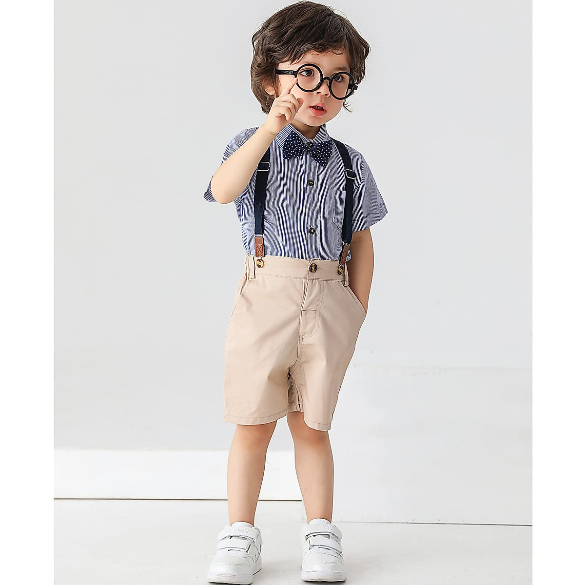 Baby Boys Gentleman Outfits Suits, Infant Blue Shirt+Bib Shorts+Tie+Suspenders Clothing Set,3-6M