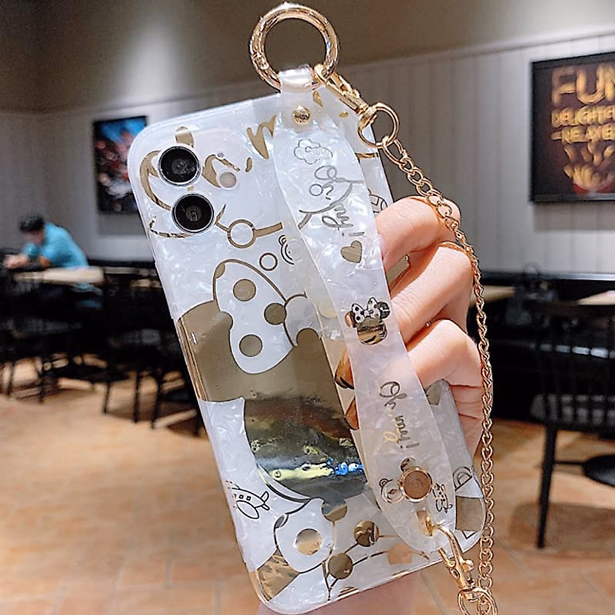 Jerisln Case for iPhone 14Pro Max Leopard Minnie Golden Sparkle Bling Cover with Wrist Strap Kickstand Holder with Metal Chain Crosssbody Shockproof Protective for Women Girls(Metal Chain Included)