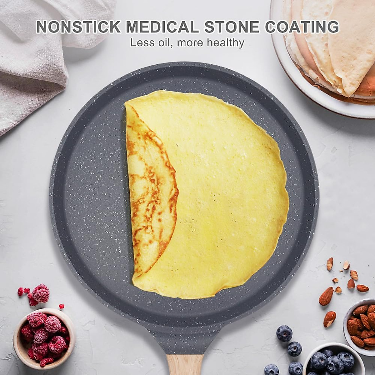 Bobikuke Nonstick Crepe Pan with Spreader,10 Inch Dosa Pan for Stove Tops Griddle Pan Flat Pan,Tawa Dosa Tortilla Pan,Compatible with All Stovetops - Black