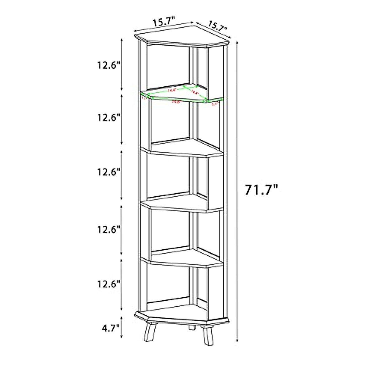 WILK 5-Layer Cube Corner Bookshelf Solid Wood Corner Bookcase, White, 15.7(L) x 15.7(W) x 71.7(H)