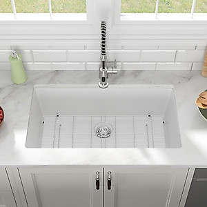 Lofeyo 33 Inch White Granite Composite Quartz Undermount Single Bowl Kitchen Sink Under Counter Contemporary Kitchen Deep Sink Basin 33"x19"