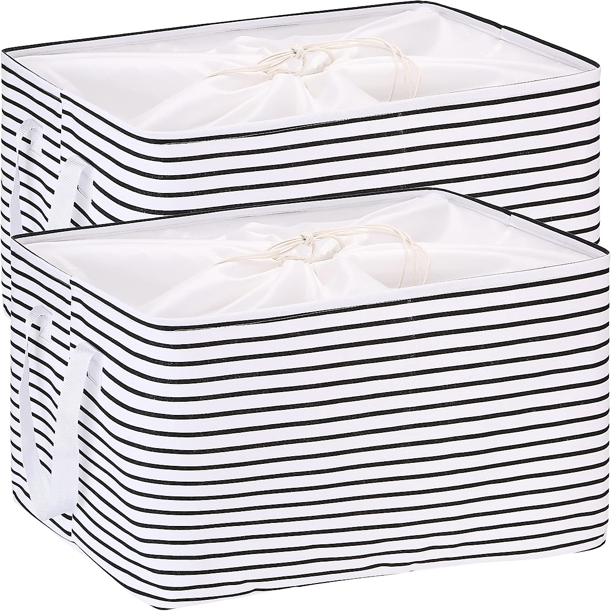 Hinwo 102L XXL Storage Bins, 2-Pack Closet Organizers and Storage, Foldable Clothes Storage Baskets with Handles, Containers for Clothing, Blanket, Comforters, Toys, Bedding (Black Stripe)