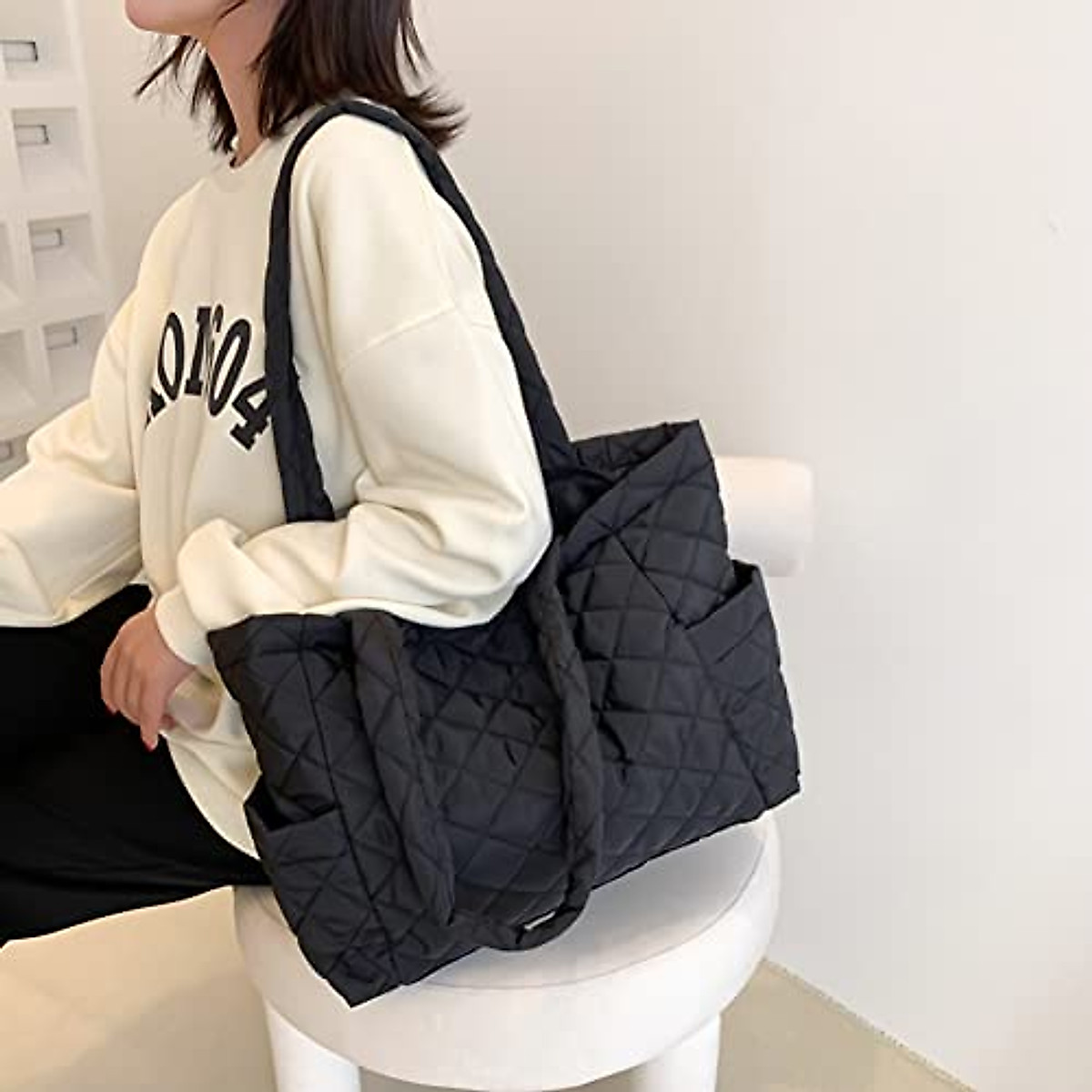 YFGBCX Quilted Tote Bags for Women Lightweight Puffer Padding Shoulder Bag Large Nylon Tote Handbag Zipper Closure