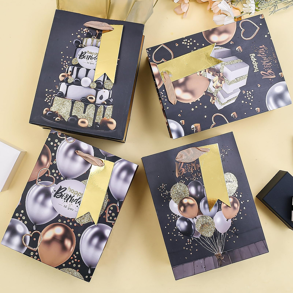 lilymelon 4 Pack 9" Happy Birthday Gift Bags For Birthday Party With Tissue Paper (Black/Gold)