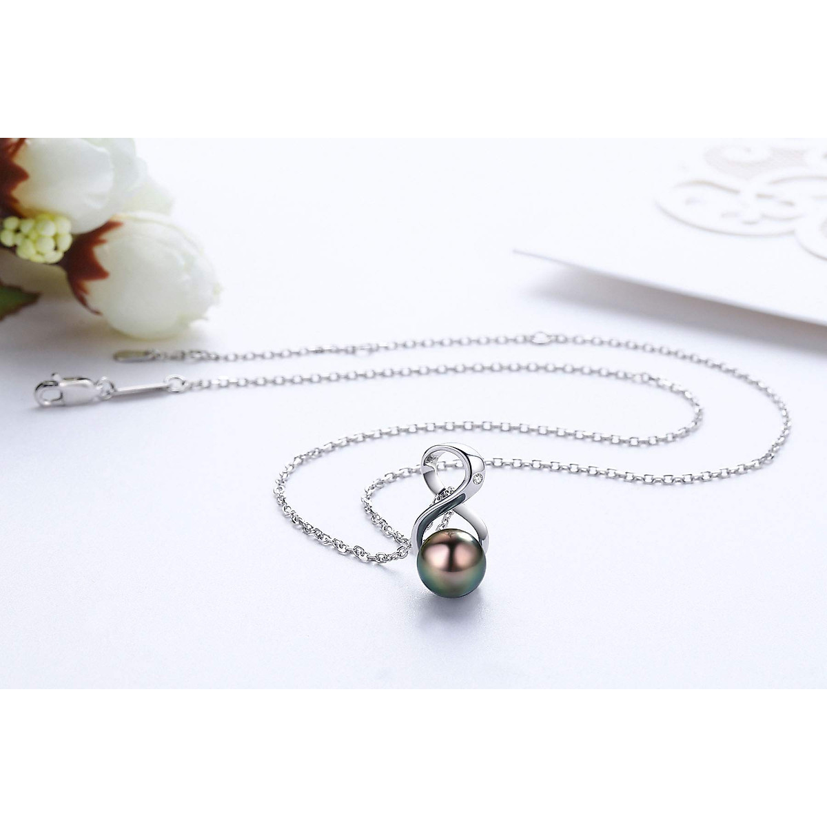 CHAULRI Infinity Top Grade AAA Tahitian Black Pearl Pendant Necklace 18K Gold Over Sterling - Birthday Anniversary Jewelry Gifts for Women Wife Mom Daughter (18K White Gold, Black Pearl)