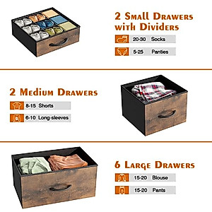 YaFiti 10 Drawer Dresser, Chest of Drawers for Bedroom, Fabric Dresser Drawers with Side Pockets, Hooks, Wooden Top and Sturdy Metal Frame for Living Room, Closet, Hallway, Nursery (Rustic Brown)