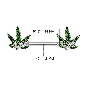 Pierce2GO 14G Nipple Piercing Surgical Stainless-Steel Set of 2 Barbell Marijuana Weed Leaf - 420 Cute Nipple Rings Nipple Piercing Jewelry for Women - 9/16" Barbell (Green)