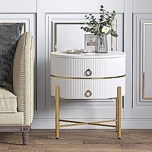 O&K FURNITURE White Round Side Table for Living Room, Marble End Table with 2 Drawers, Modern Nightstand with Metal Legs for Bedroom, White & Gold