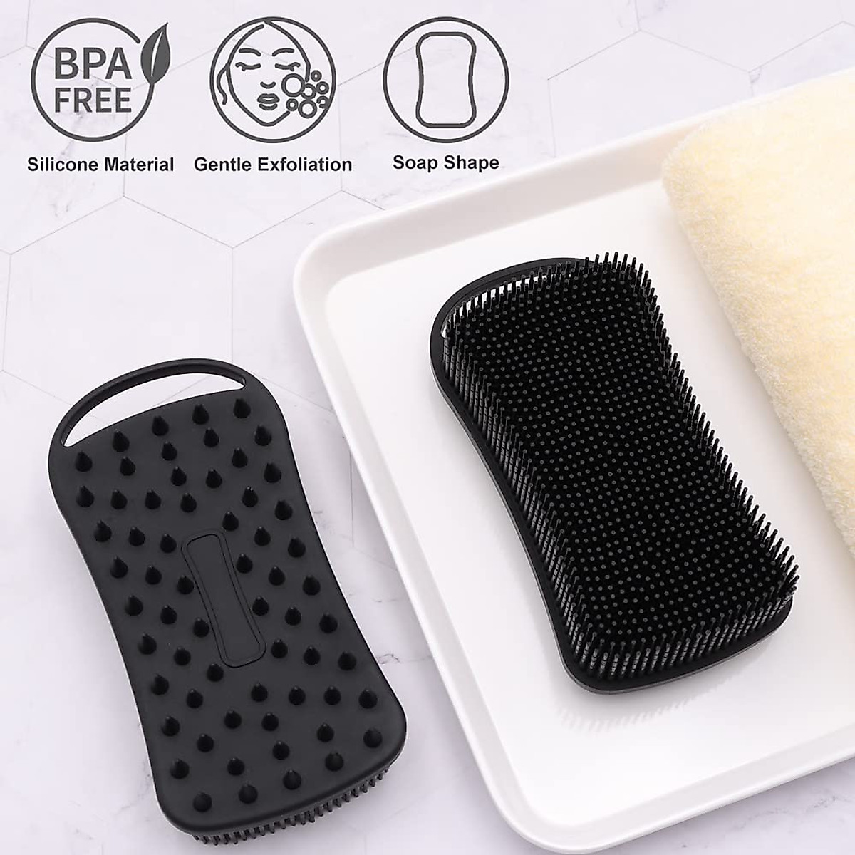 2 in 1 Soft Silicone Body Scrubber, Shower Loofah for Sensitive Skin, Lathers Well, Scalp Massager, Double-Sided Shampoo Brush For Gentle Exfoliating