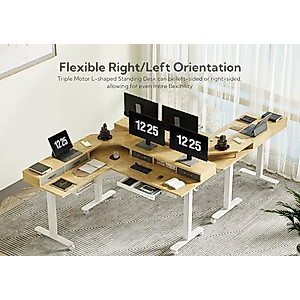 INNOVAR Triple Motor L Shaped Standing Desk with Drawers, Solid Wood Adjustable Corner Stand Up Desk, 63" Electric Standing Desk for Home Office, White Frame/Nature Top