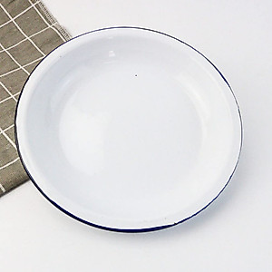 Ipetboom Enamel Plates 2pcs Enamelware Dinner Serving Platter Trays Retro White Round Shallow Bowls Vintage Enamel Basin Mixing Bowls with Blue Rim 18CM