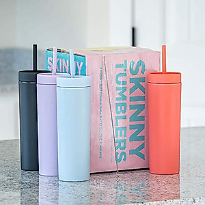 SKINNY TUMBLERS (4 pack) Matte Pastel Colored Acrylic Tumblers with Lids and Straws |16oz Double Wall Plastic Tumblers With Straw Cleaner INCLUDED! Reusable Cup With Straw | Vinyl DIY Gifts