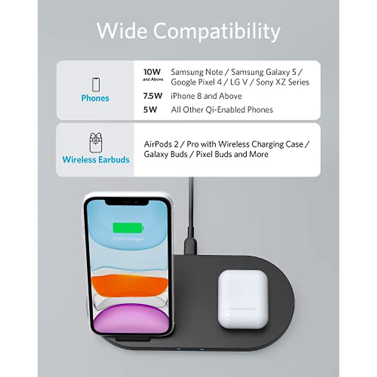 Anker Wireless Charging Station, PowerWave Sense 2-in-1 Station with 5 ft USB-C Cable, for iPhone 14/14 Pro/14 Pro Max/13/13 Pro Max, Samsung, AirPods and More (Adapter Not Included)