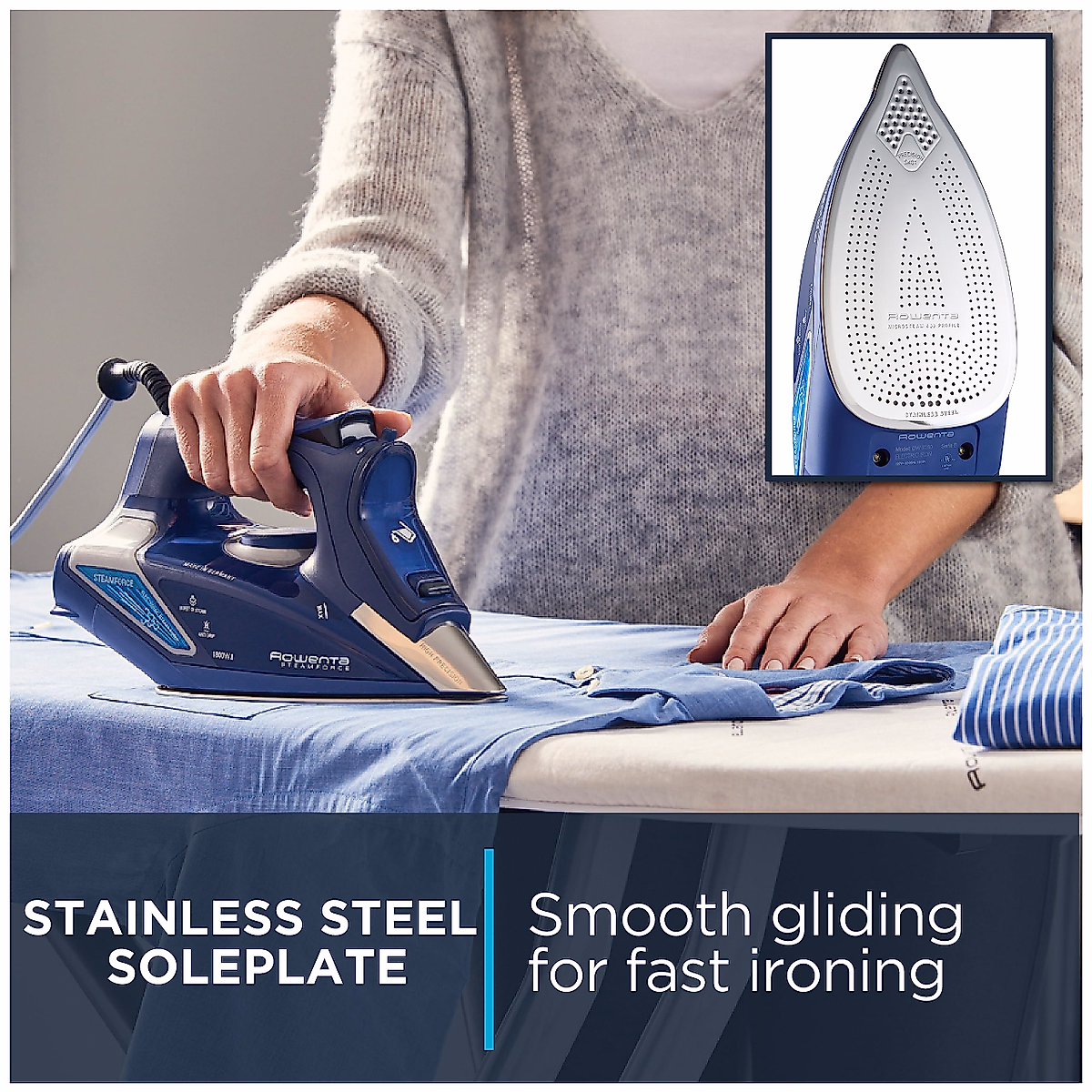 Rowenta DW9280 Digital Display Steam Iron for Clothes, 1800W, Stainless Steel Soleplate, 400 Steam Holes, Vertical Steaming, Variable Steam Control, Auto Off