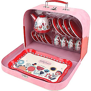 Tea Set for Little Girls, Pretend Play Tea Party Set, Floral Design Kids Tin Tea Set with Carrying Case (15 Pcs)