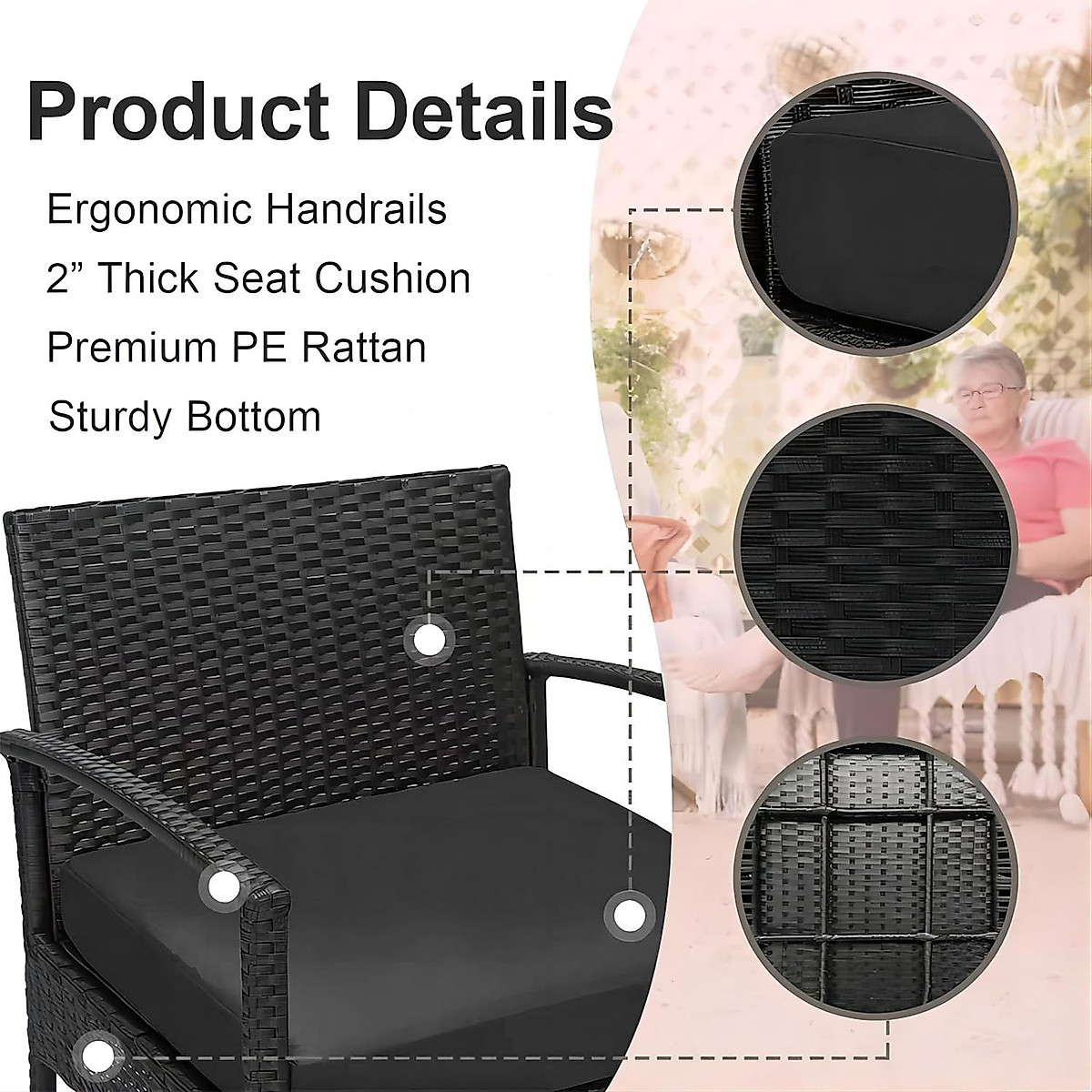 PROHIKER 3 PCS Patio Rattan Conversation Chairs Set, Outdoor Patio Furniture Balcony Furniture Set, Wicker Patio Set for Garden Porch Balcony Yard, Black