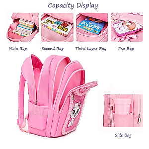 Debbieicy Cute Cat Printing Lace Backpack Lightweight Princess School Bag Kids Bookbag Handbag Pen Bag Set for Primary Girls (Large, Pink1(Backpack Handbag Pen Bag))