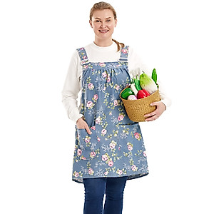 APRONNER No Ties Plus Size Aprons for Women with Pockets Cotton Linen Baking Kitchen Cooking Rose Flower