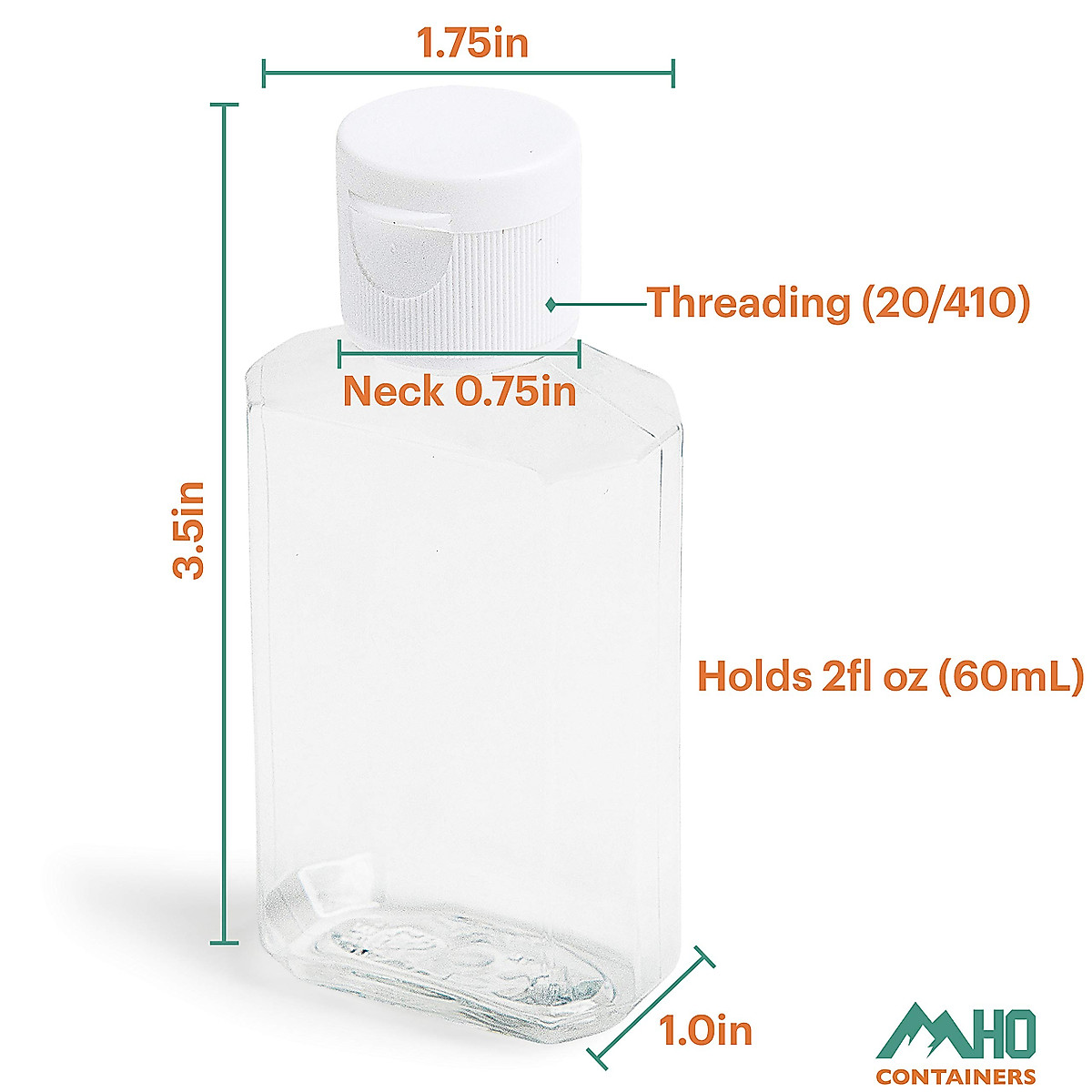 MHO Containers | Clear, Refillable Flip-Top Bottles | BPA/Paraben-Free, 2 fl oz (60 mL) — Set of 20