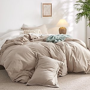 Bedsure 100% Washed Cotton Duvet Cover King Size - Warm Sand Minimalist Duvet Cover Set Linen Like - 3 Pieces Plain Simple Cotton Duvet Cover Set with 2 Pillow Shams (Warm Sand, King, 104"x90")