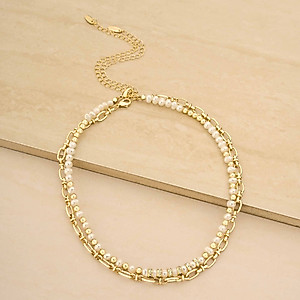 Ettika Necklace for Women. Pearl and Mini Links 18k Gold Plated and Freshwater Pearls Necklace Set. Fashion Jewelry