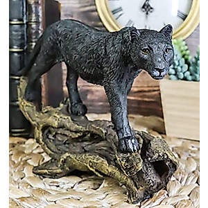 Ebros Gift Black Panther Cougar Prowling On Distressed Tree Log Figurine 8" Long Wildlife Black Jaguar Ghost Forest Hunter Sculpture Home Decorative Accent