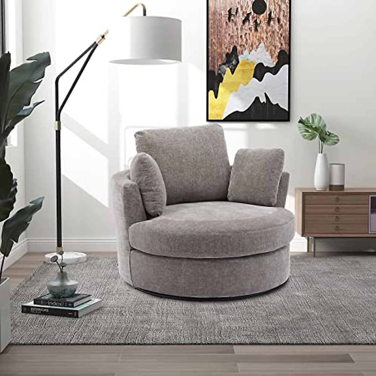 360° Swivel Accent Barrel Chair with 3 Pillows Furniture Set,Upholstered Oversized Leisure Round Loveseat Recliner Cozy Club Sofa Chaise Lounge Circle Armchair for Living Room/Hotel/Nursery/Office
