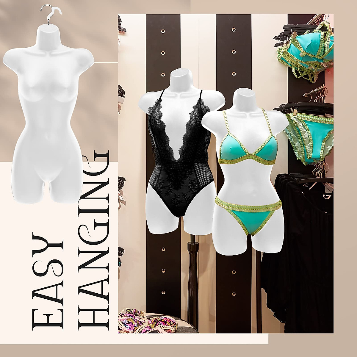 3 Pcs Hanging Mannequin Body Torso Female Women Dress Form with Hanger Hook Hip Long Hollow Back Mannequin Torso Thickened Plastic Shirt Display White (31.1 x 16.1 Inch)