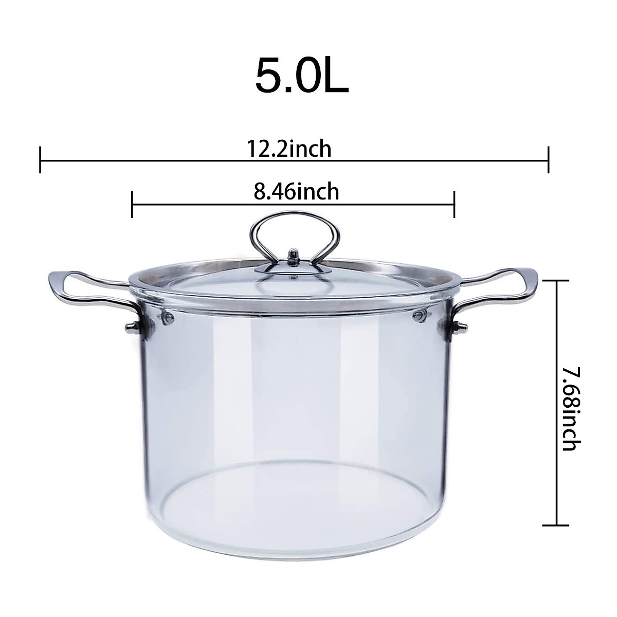 Saucepan with Lid, Glass Pot Stovetop 5L Heat Resistant ABHOME Stainless Steel Double Handles Clear Glassware for Cooking Milk, Pasta & Baby Food (5 Liter)
