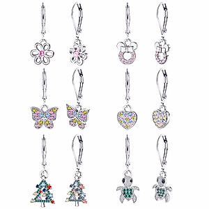 Drperfect Cute Dangle Earrings, Hypoallergenic, Cubic Zirconia Paved Butterfly Heart Flower Turtle Mouse Christmas Tree Drop Dangling Earrings, Silver Leverback Earrings Set