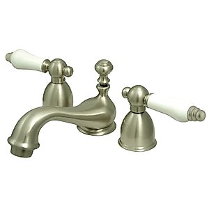 Kingston Brass KS3958PL Restoration Mini Widespread Lavatory Faucet with Porcelain Lever Handle, Brushed Nickel