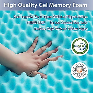Askme Mattress Topper Queen 2 Inch Convoluted Gel Memory Foam with Bonus Machine Washable Cover Air Flow Design｜US and Euro Certified Blue 2 Inch Convoluted