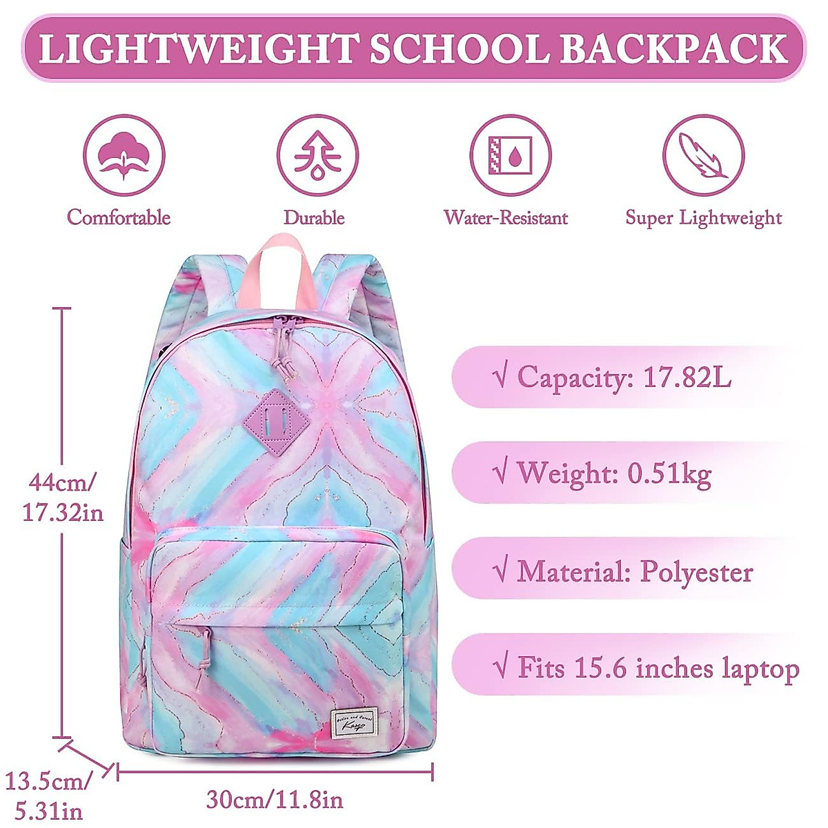 Kasqo School Backpack, 15.6 Inch Classic Lightweight Water-Resistant Backpack Bookbag Daypack for Women Teens Girls Kids College, Travel, Work, Multicolour