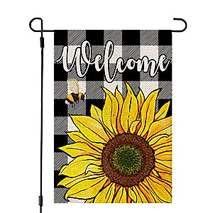 CROWNED BEAUTY Summer Bee Garden Flag Sunflower Buffalo Plaid Yard 12x18 Inch Small Double Sided Outside Farmhouse Party Décor