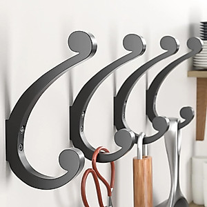 Josmimic Coat Hooks Wall Mount for Hanging - Black Large Retro Double Hooks with Screws, Heavy Duty Coat Hanger, Holder 40Lb, Coat Rack for Towels, Keys, Hats, Mug, Bags, Clothes, Purse, 4 Pack