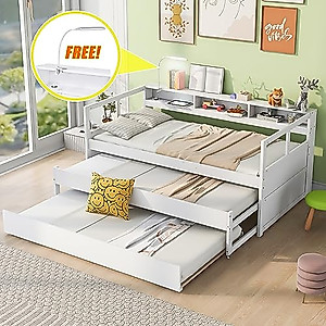Epinki Twin XL Wood Daybed with 2 Trundles, 3 Storage Cubbies, 1 Light for Free and USB Charging Design, White, Kids Bed