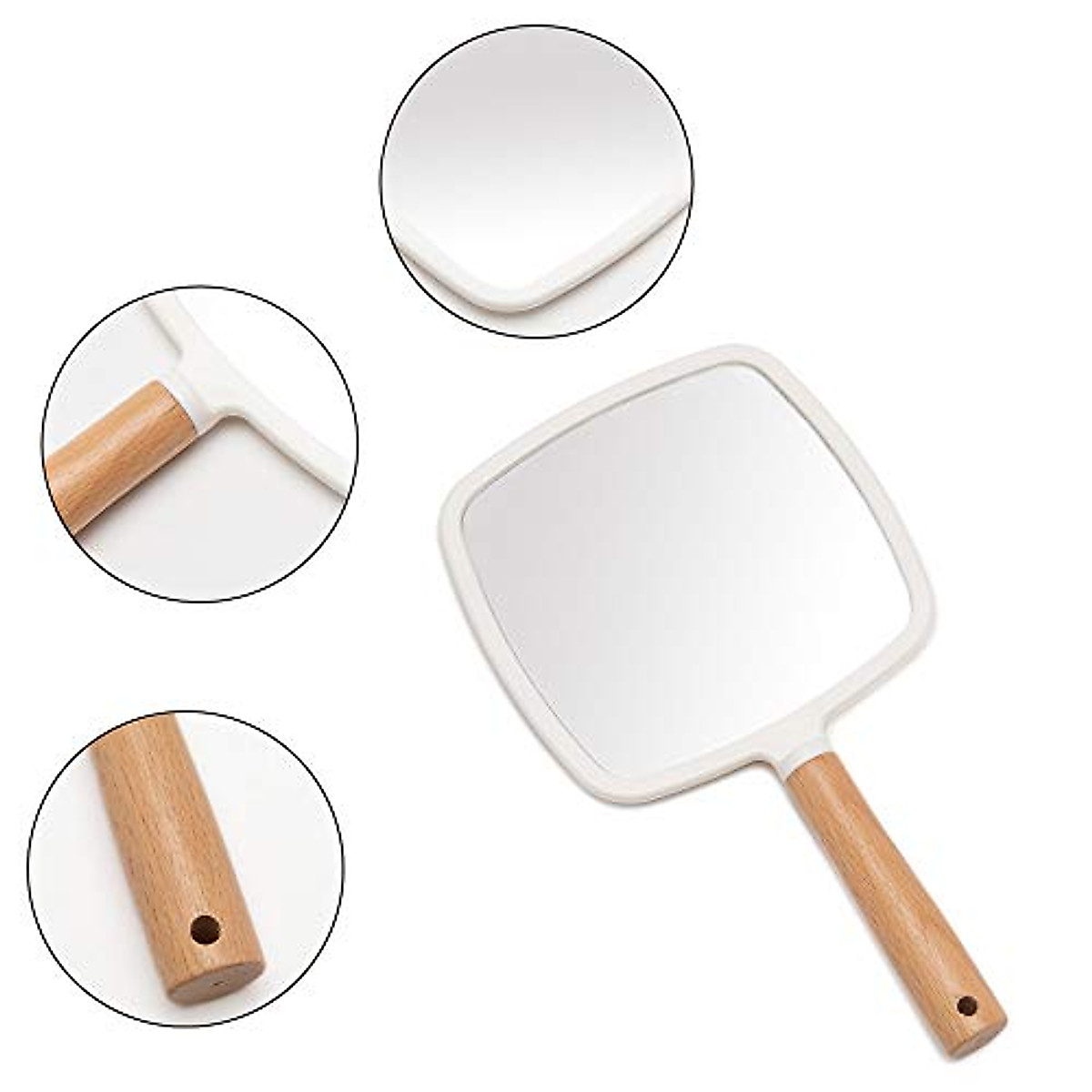 YEAKE Hand Held Mirror with Handle for Makeup,Small Cute Wood Hand Mirror for Shaving with Hole Hanging Single-Sided Portable Travel Vanity Mirror for Men&Women(Square)