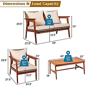 SDGH 4PCS Patio Rattan Furniture Set Acacia Wood Frame Cushioned Sofa Chair Garden Perfect to Be Placed in Your Patio, Poolside and Garden