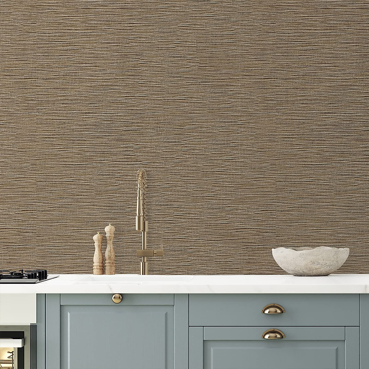 Tan Grasscloth Wallpaper Peel and Stick Textured Wallpaper Brown Linen 30"x118" Large Size Self Adhesive Imitation Cloth Contact Paper for Cabinets Fabric Vinyl Paper for Bedroom Kitchen Wall CHICHOME