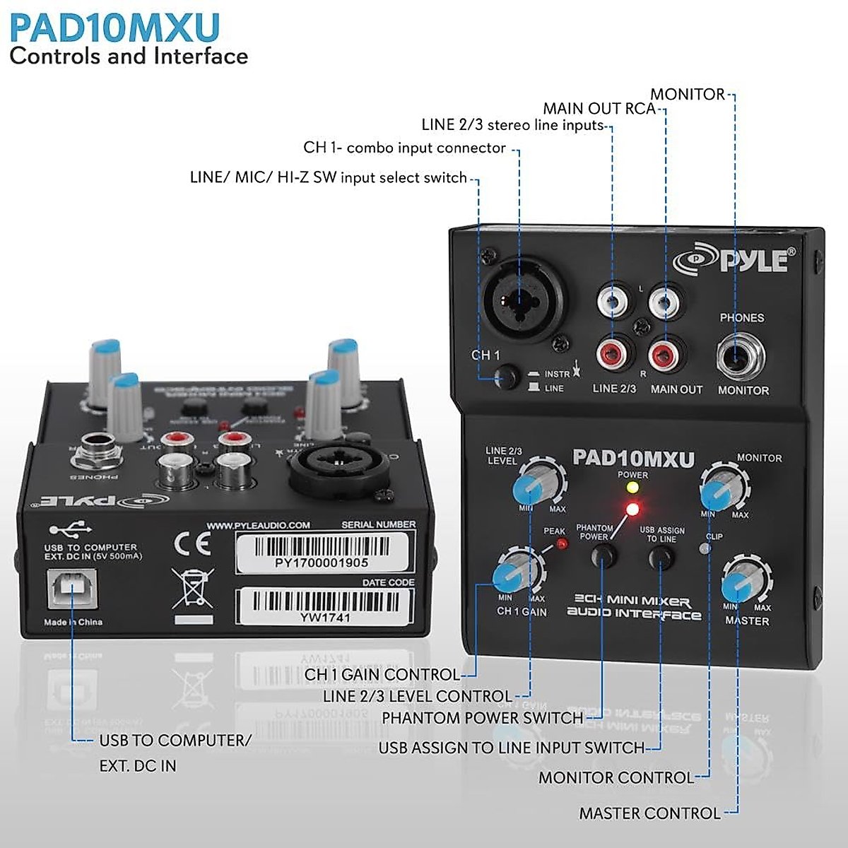 Pyle 2-Channel Audio Mixer - DJ Sound Controller Interface with USB Soundcard for PC Recording, XLR and 3.5mm Microphone Jack, 18V Power, RCA Input and Output for Professional and Beginners - PAD10MXU