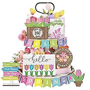 Bucherry 23 Pieces Hello Spring Tiered Tray Decor Tulips Table Wooden Sign Decorations Flower Market Tabletop Rustic Farmhouse Decor for Spring Holiday Party Kitchen Decoration