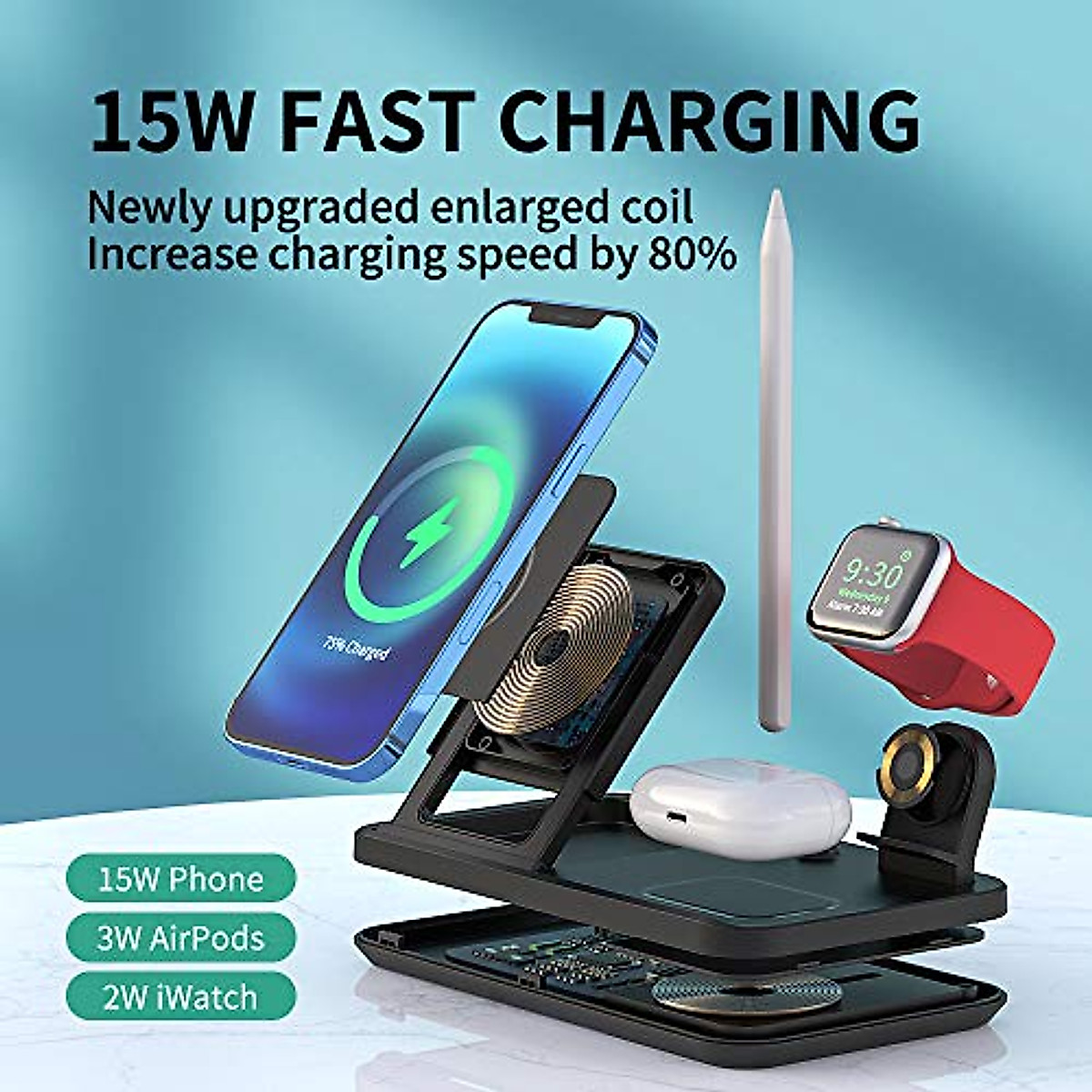 Wireless Charger, 4 in 1 Charging Station Compatible with Magsafe Charger iPhone 12, Apple Watch Series 6, Apple Pen Charger, Airpods Wireless Charger (Black)