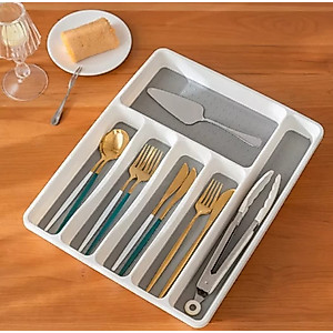 Large Silverware Tray - White, Kitchen Cutlery Tray Drawer Organizers 6-Compartments| Kitchen Drawer Organizer | Soft-Grip Lining and Non-Slip Rubber Feet | BPA-Free