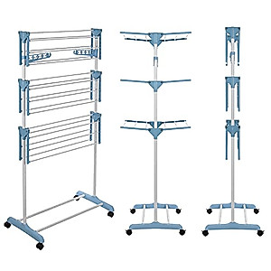 Finnhomy Clothes Drying Rack, 3-Tier Foldable Horses Drying Rack Clothing with 2 Wings, Rolling Laundry Drying Rack with Wheels for Indoor & Outdoor Use, Collapsible Laundry Rack, Blue