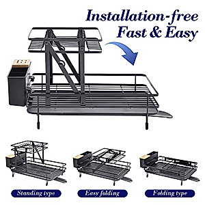 TOOLF 2 Tier Dish Drying Rack, Dish Rack for Kitchen Counter, Free Assembly Foldable Drainboard and Drainer with Wooden Utensil Holder for Kitchen Sink, Black