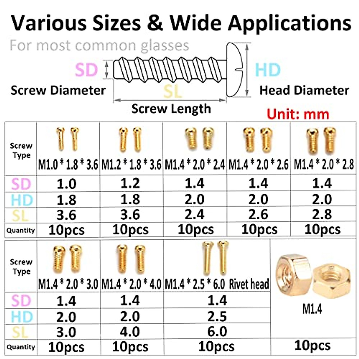 Eyeglass Repair Kit BAZQU 5 Pairs Nose Pads with Tiny Screws Nut Bolts Screwdriver and Tweezers for Glasses Sunglasses Spectacle Watch Repair, Gold